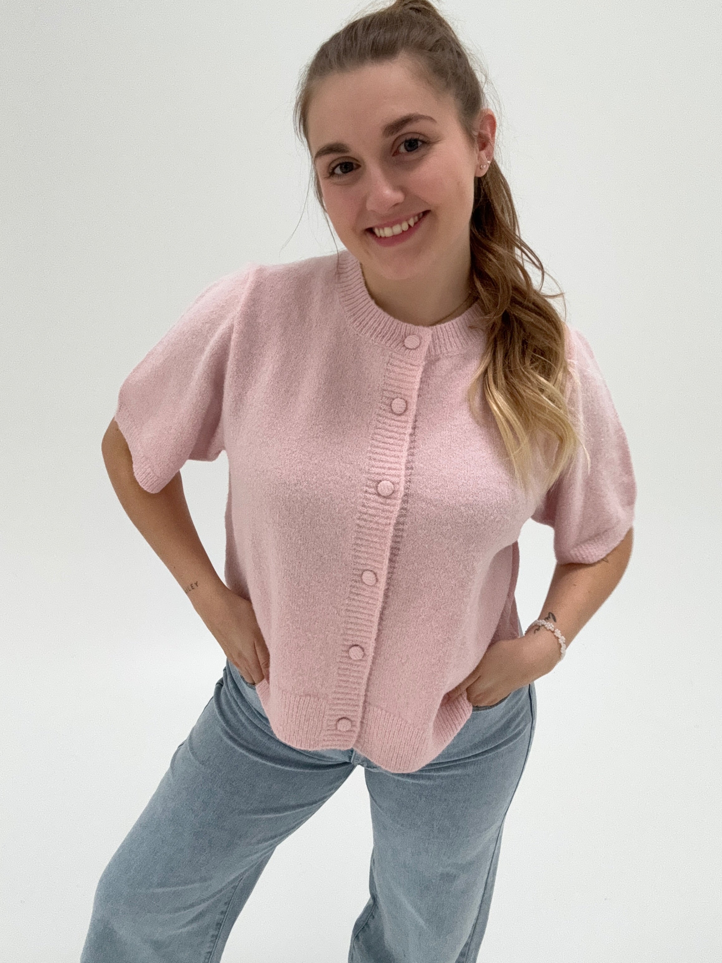 Kurzärmeliger Strickcardigan rosa – Trag's mit Fassung